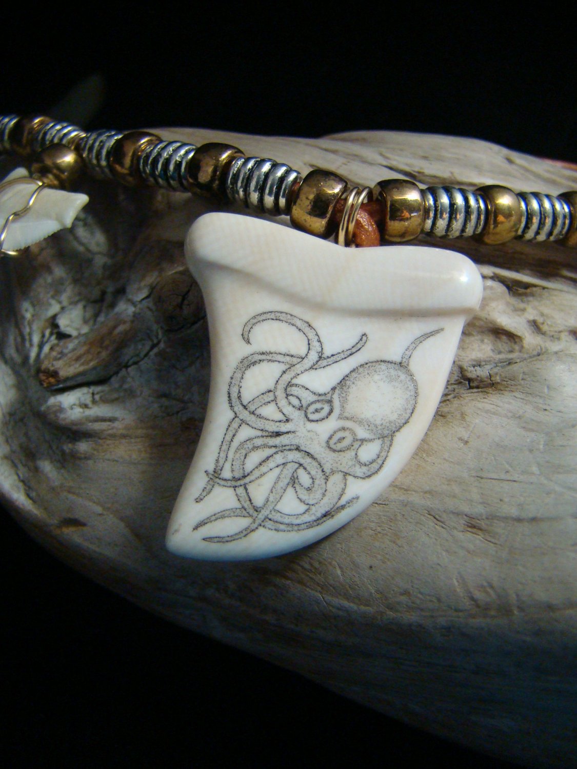 Scrimshaw " Octopus " Hand made Fossil Mammoth Ivory Pendant - 2 White ...