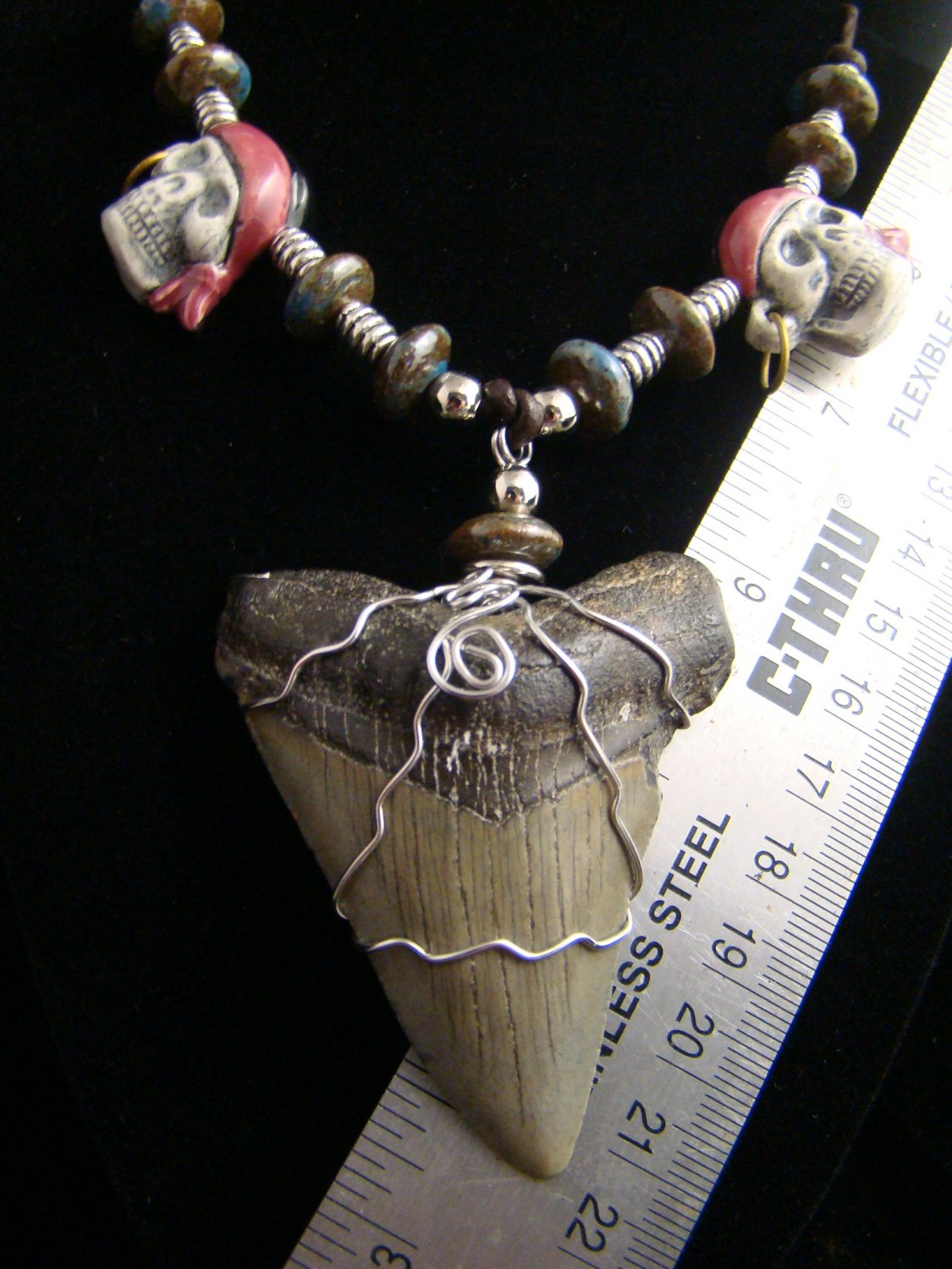 SALE! Fossil " Megalodon Shark " Tooth Necklace -Ceramic Skull Pirate ...