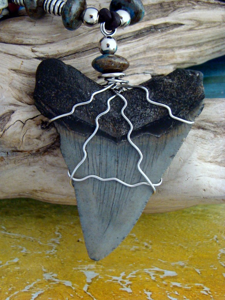 SALE! Fossil " Megalodon Shark " Tooth Necklace -Ceramic Skull Pirate ...